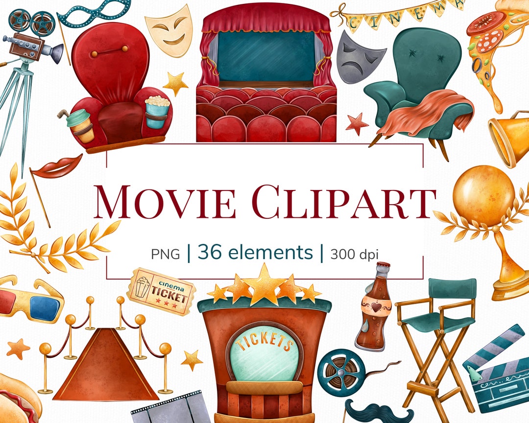 Movie Clipart | Movie Night Clipart | Cinema Clipart | Watercolor Film ...