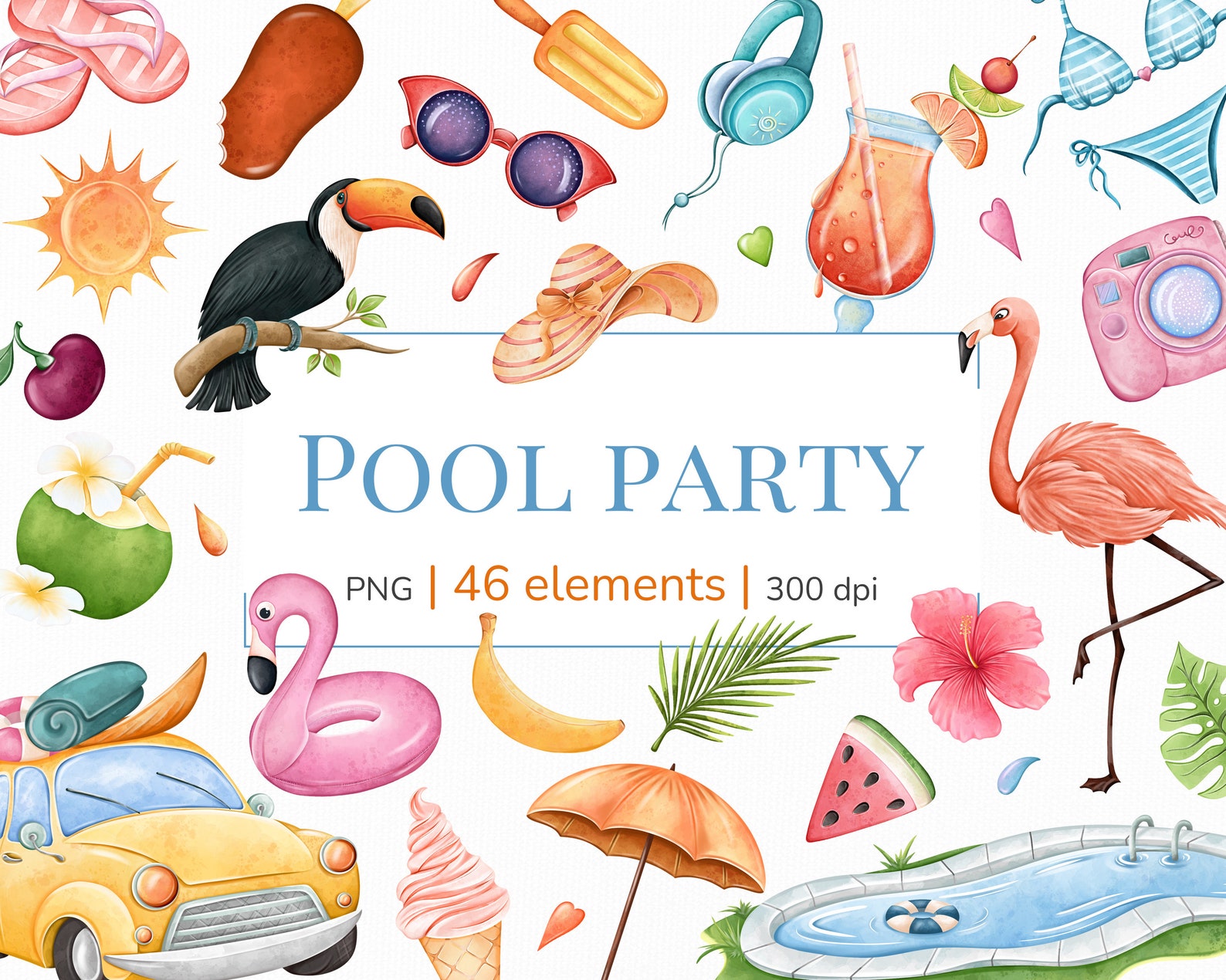 Summer Clipart Pool Party Clipart Watercolor Summer Clip - Etsy