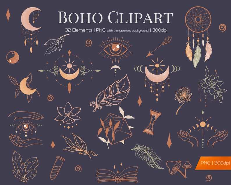 Boho Clipart Bohemian Moon Clipart Rustic Boho Clipart Png - Etsy
