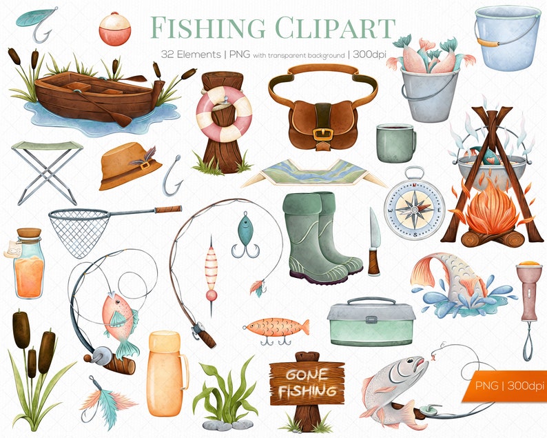 Fishing Clipart Camping Clip Art Watercolor Fishing - Etsy