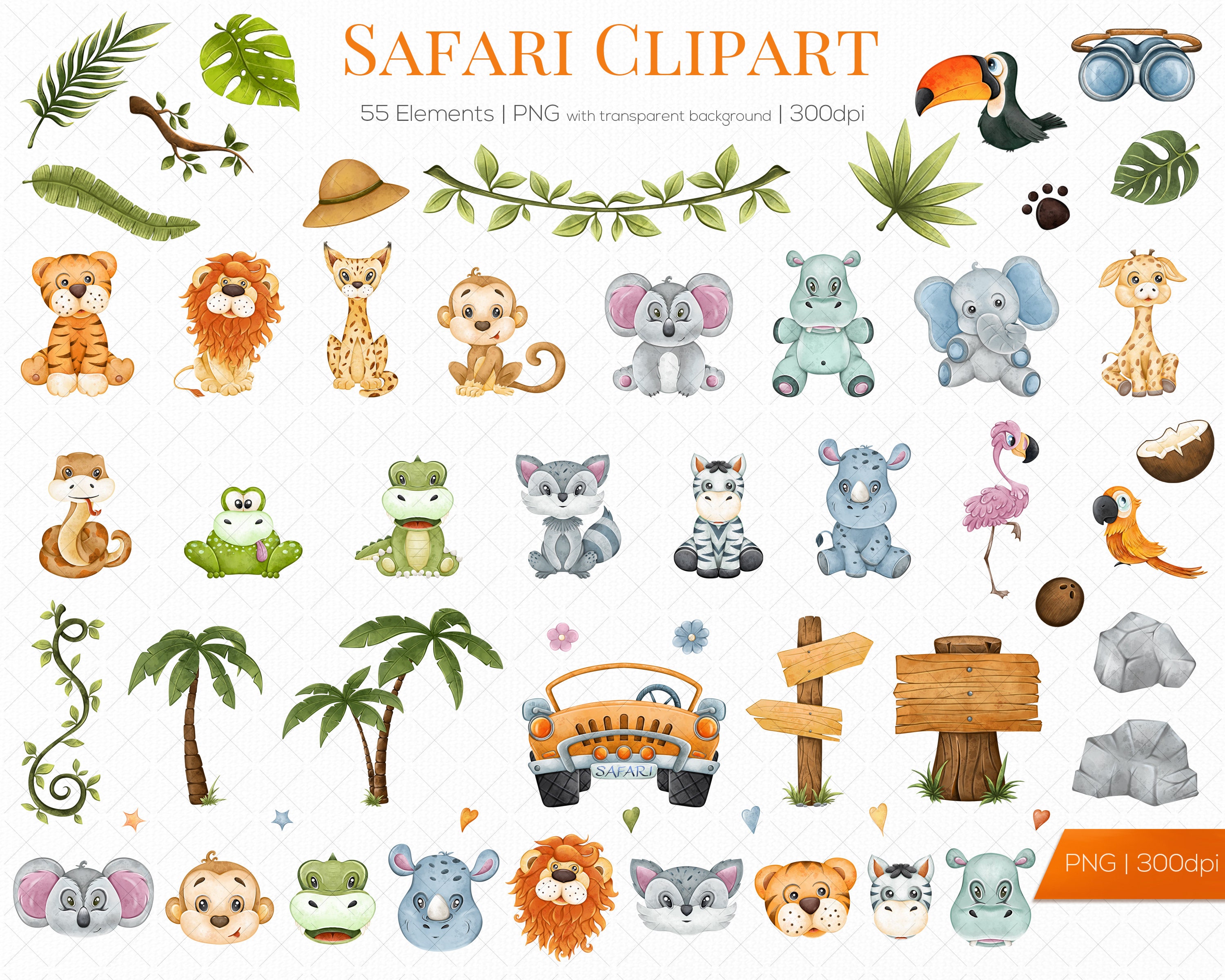 Safari Clipart Watercolor Summer Clipart Baby Safari - Etsy