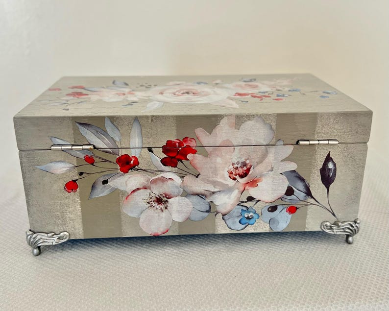 Gray Floral Decoupaged Hand Painted Keepsake Box, Jewelry Box, Gift for ...