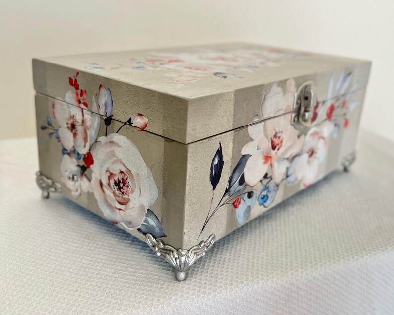 Gray Floral Decoupaged Hand Painted Keepsake Box, Jewelry Box, Gift for ...