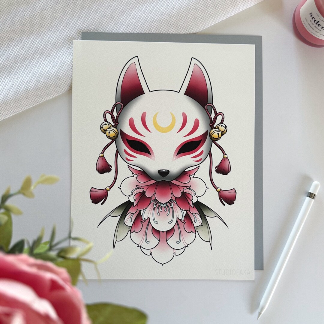 Kitsune Mask With Peony Art Print - Etsy