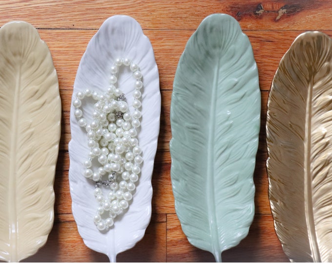 Golden and White Trinket Dish Feather Trinket Dish Jewelry Dish Ring ...