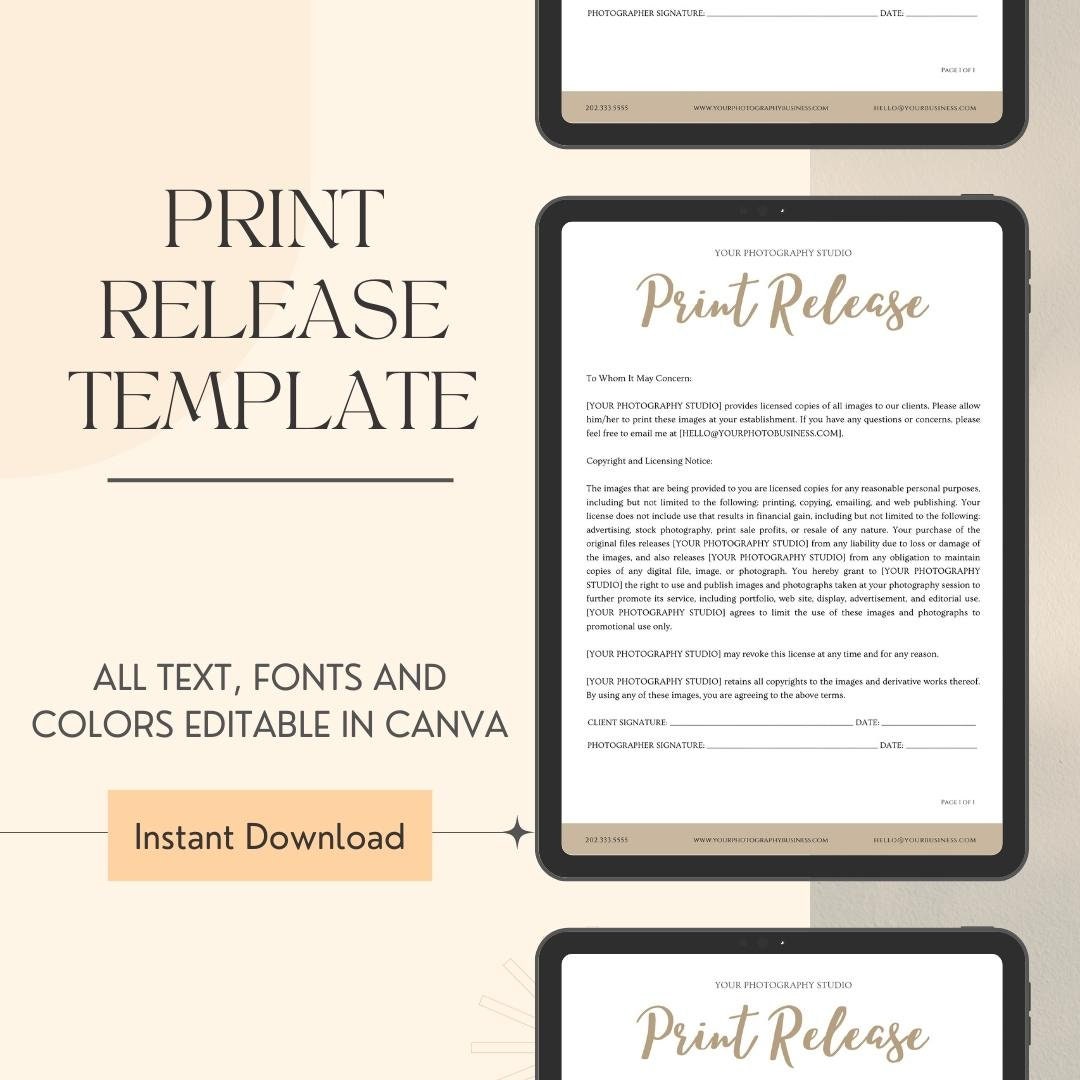 Client Photo Print Release Form, Photography Printing Release Form ...