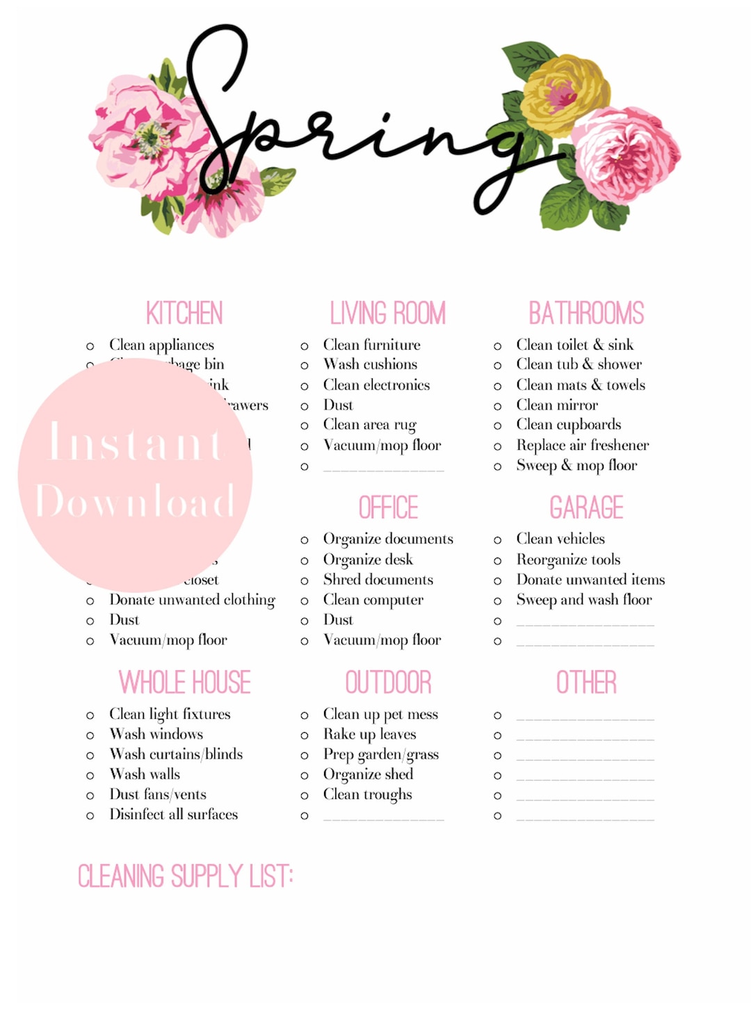 Printable Spring Cleaning Checklist - Floral Design - Instant Download ...