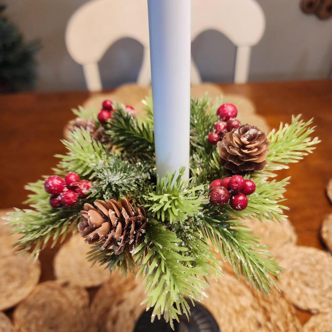Taper Candle Winter Mini Wreath Ring Pinecone Red Berry Pine Christmas ...