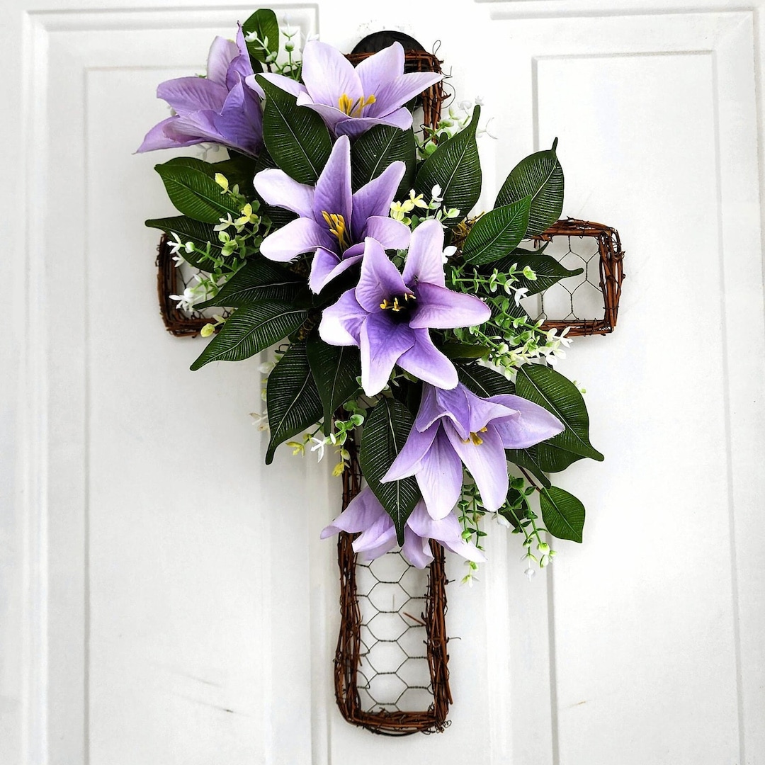 Cross Wreath for Front Door Cross Door Hanger Purple White Lily Flower ...