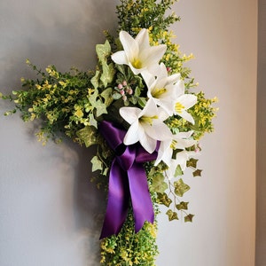 Cross Wreath for Front Door Boxwood Lily Wreath Cross Door Hanger ...