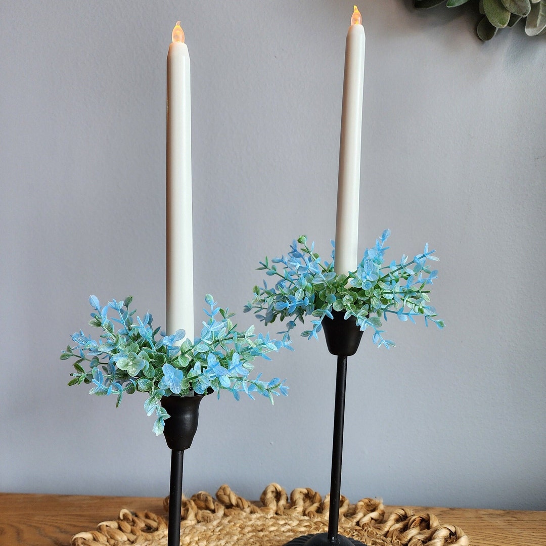 Mini Wreath Taper Candle Holder Blue Eucalyptus Decor Housewarming Gift ...