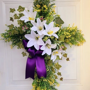 Cross Wreath for Front Door Boxwood Lily Wreath Cross Door Hanger ...