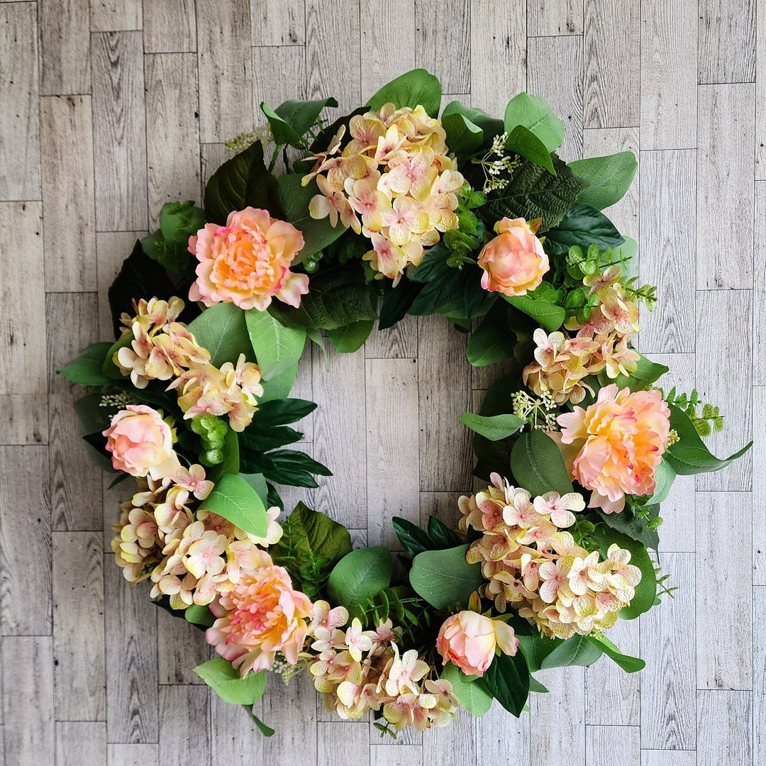 Hydrangea Wreath for Front Door Peach Hydrangea Peony Wreath Birthday ...