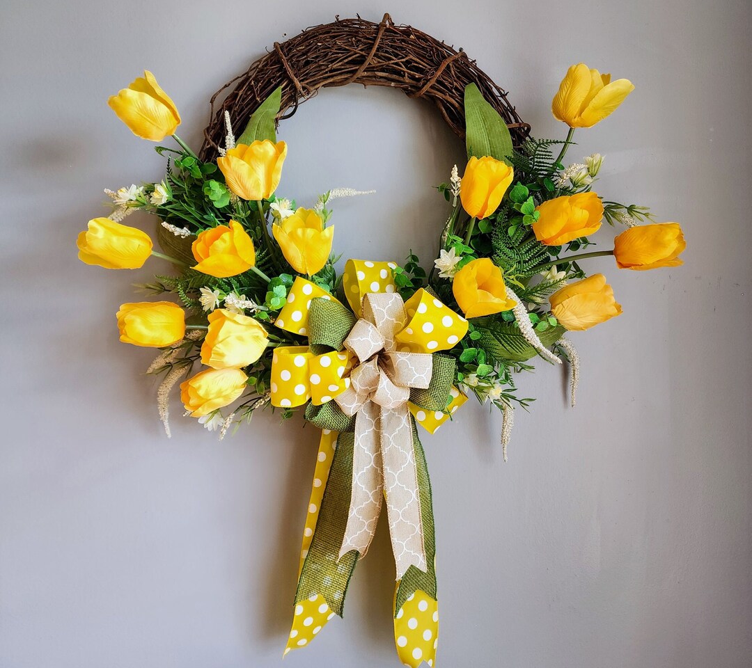 Spring Wreath for Front Door Yellow Tulip Door Hanger Yellow Tulip ...