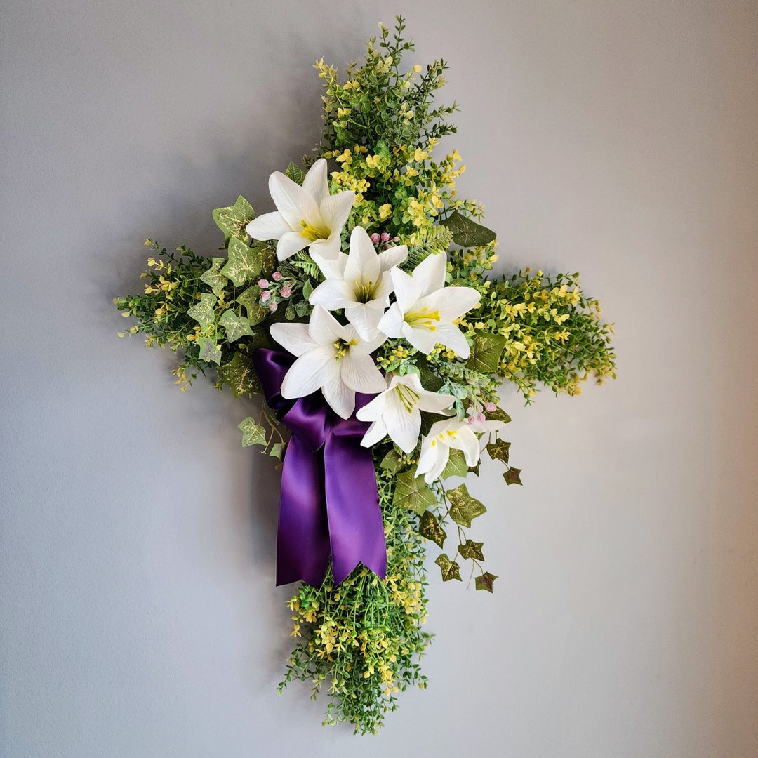 Cross Wreath for Front Door Boxwood Lily Wreath Cross Door Hanger ...