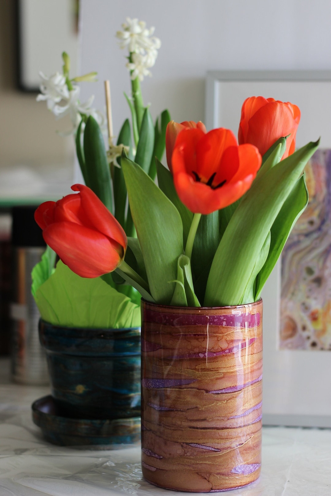Unique Glass Flower Vase Hand Painted in Alcohol Inks. Cool, Eye ...