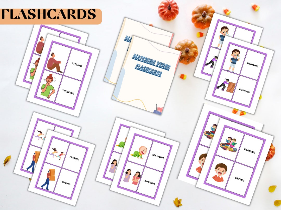 Matching Verbs Flashcard | Printable PDF | Memory Aid | Digital ...