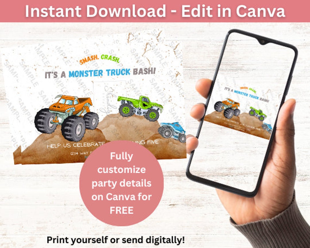 Monster Truck Themed Party Invitation Kids Party Invite Digital ...