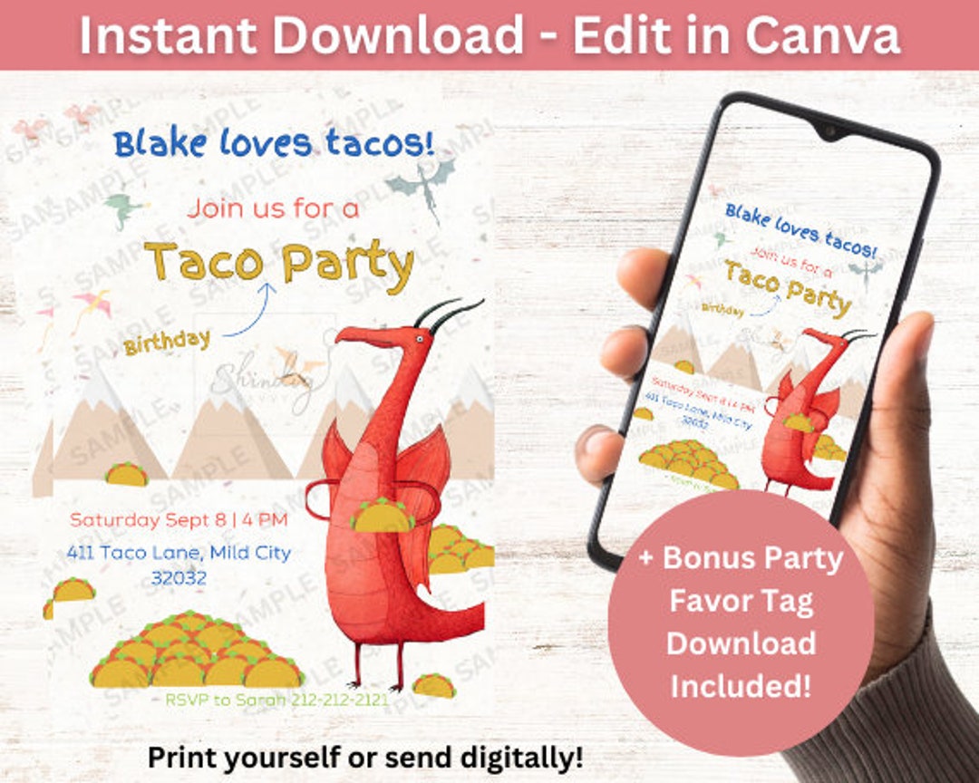 Dragons Love Tacos Birthday Invitation, Digital Download Dragons Love ...