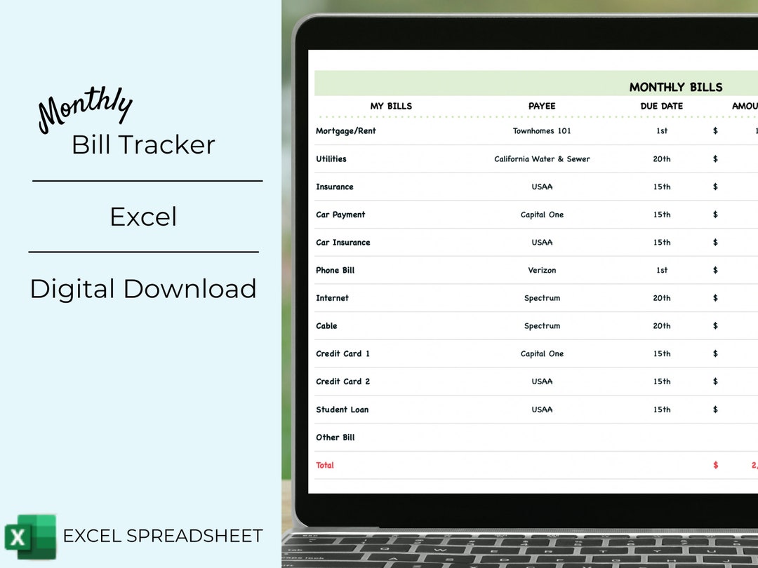 Monthly Bill Tracker Spreadsheet Template Excel Editable Digital ...