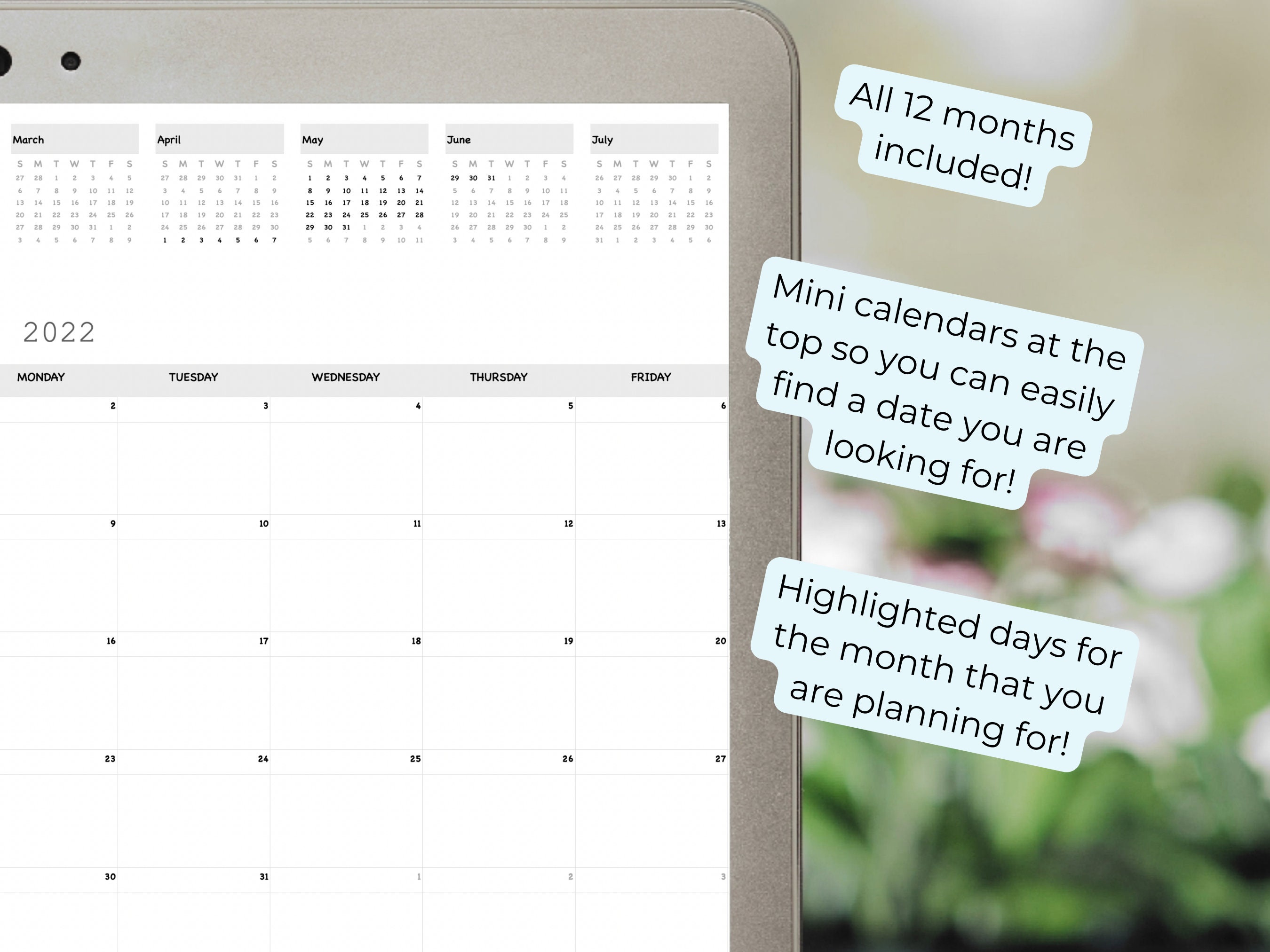 12 Month Monthly Calendar Grey Numbers Editable Digital Download ...