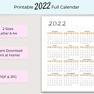 Printable 2022 Yearly Calendar Digital Download Pink Customizable ...