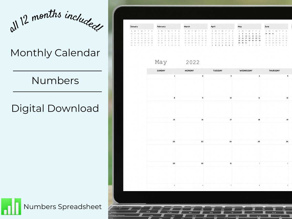 12 Month Monthly Calendar Grey Numbers Editable Digital Download ...