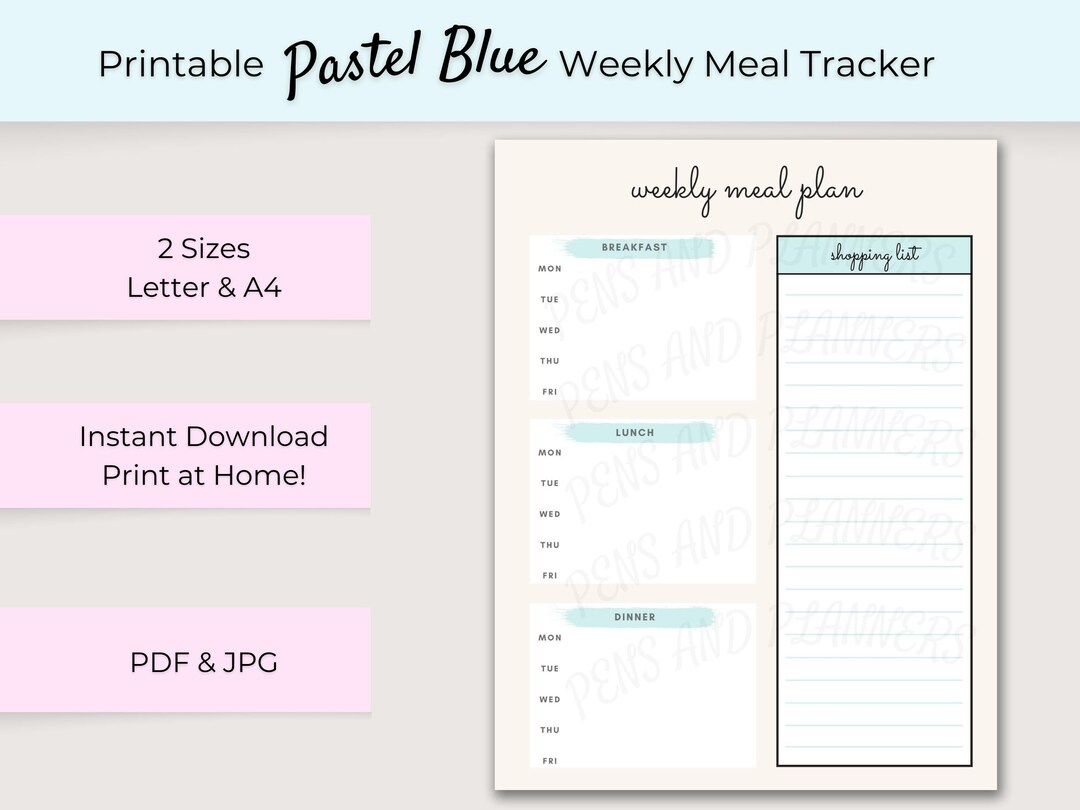 Pastel Blue Weekly Meal Planner Layout 1 Printable Fillable Shopping ...