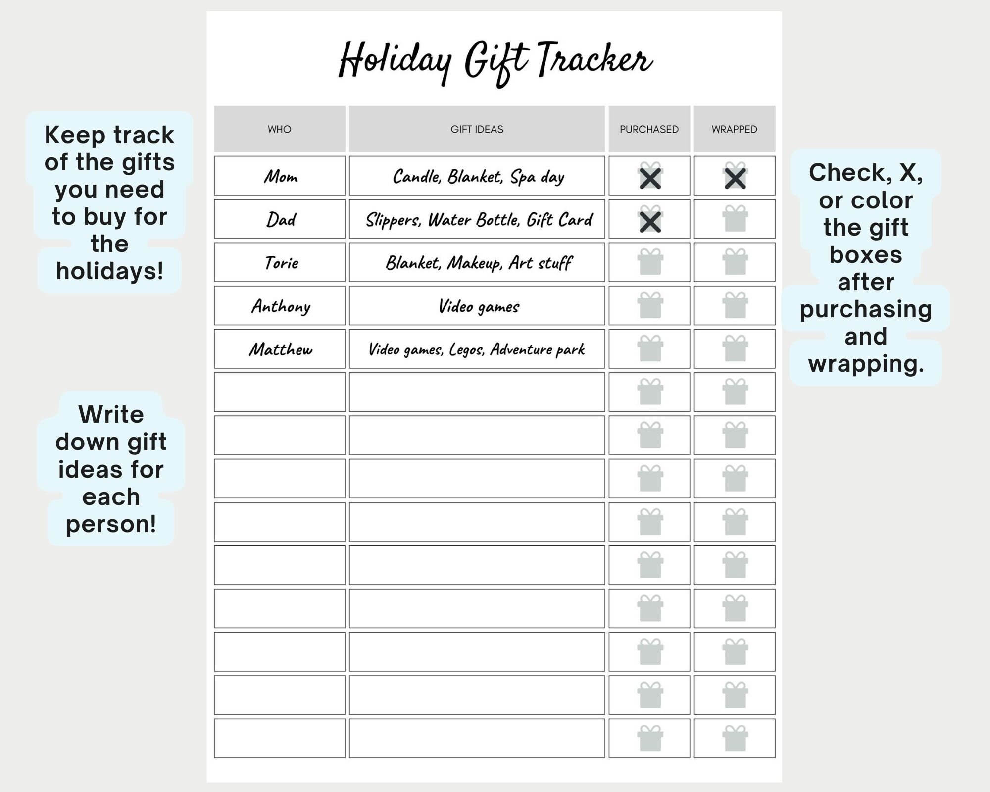 Printable Holiday Gift Tracker Grey Layout 2 Presents Budget Journal ...