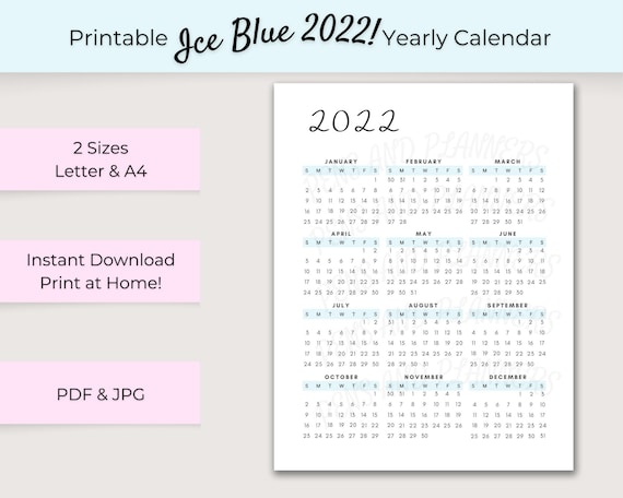 Printable 2022 Ice Blue Yearly Calendar Digital Download - Etsy