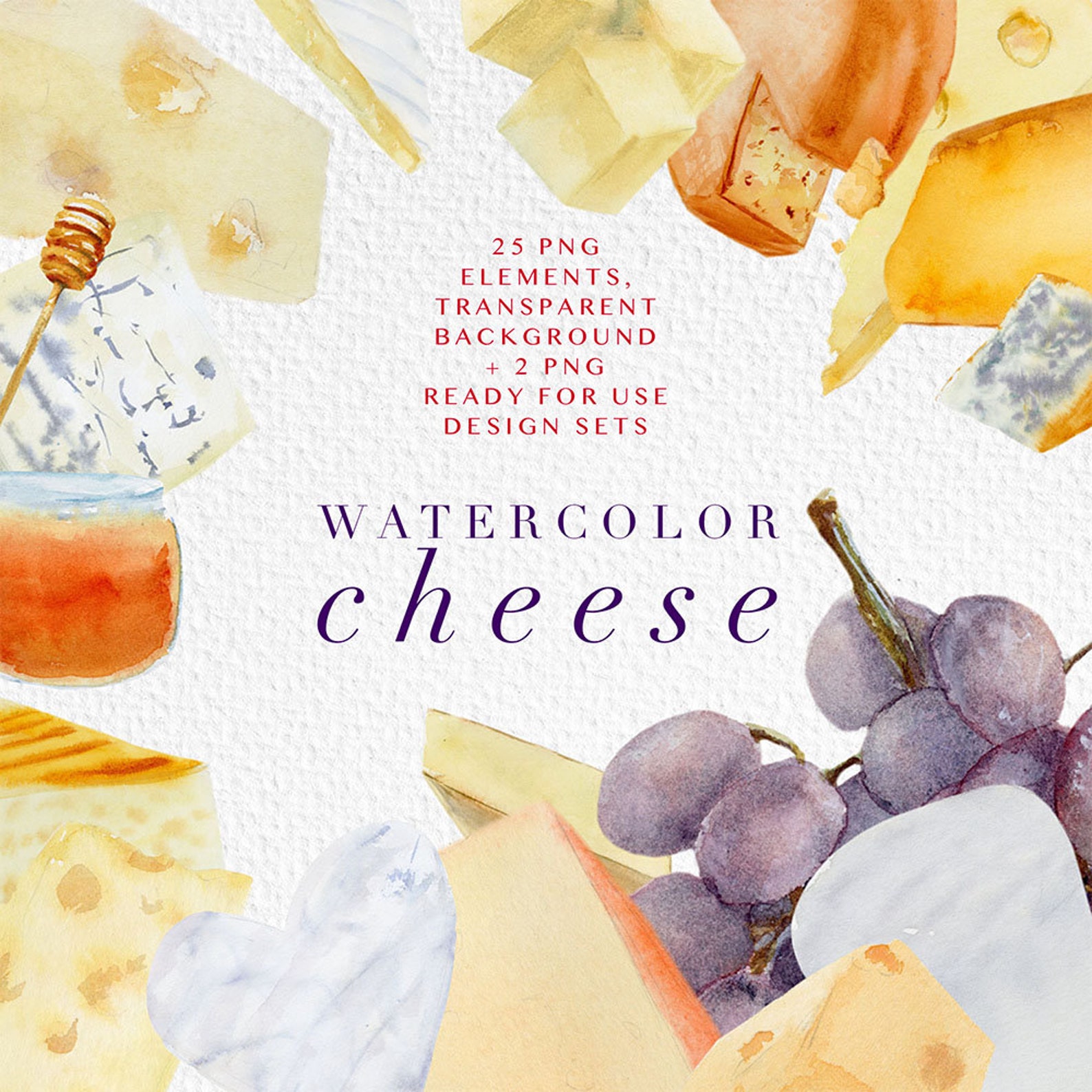 Clipart Set "watercolor Cheese" With Grapes and Honey. Watercolour Clip ...