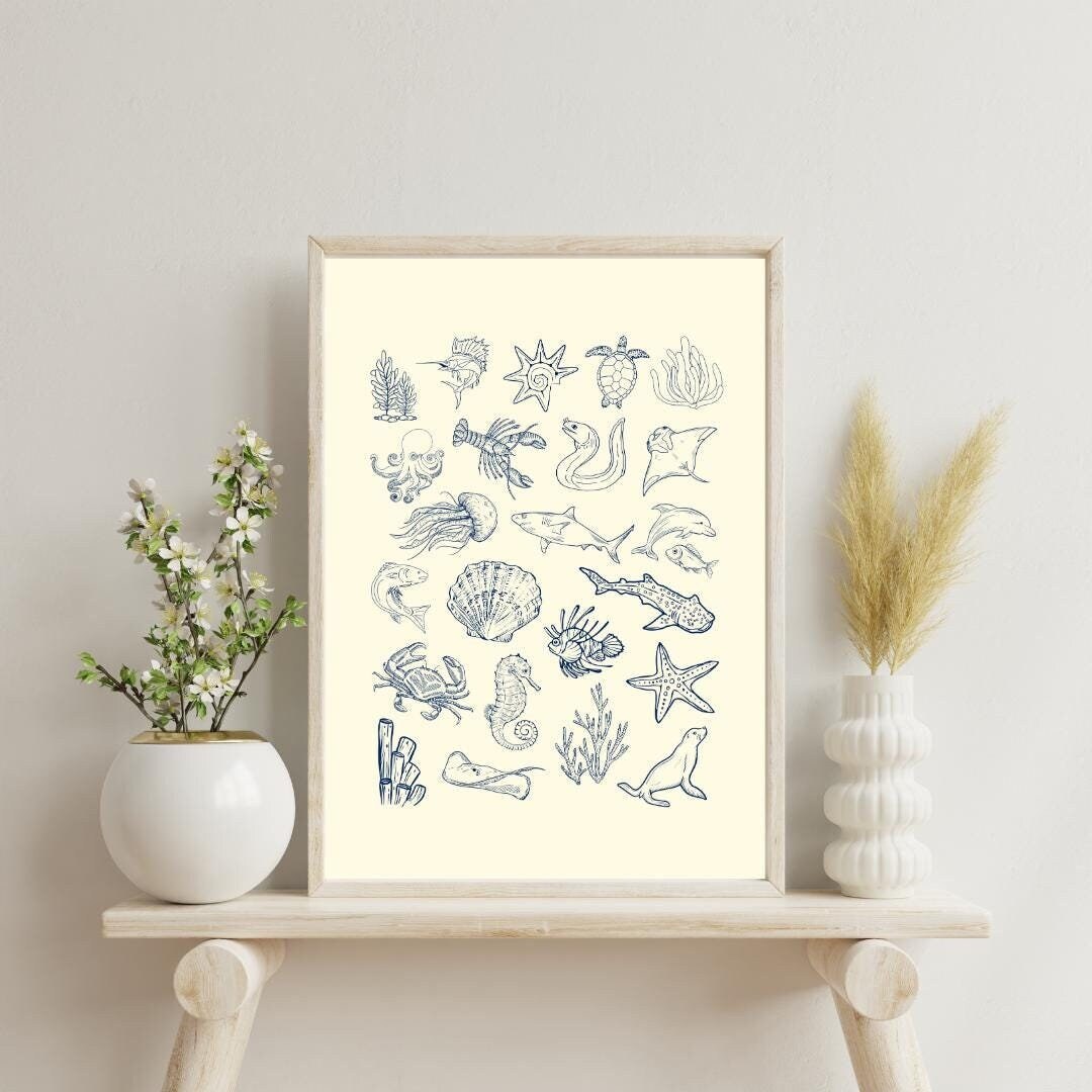 Sea Creatures Collage Poster, Sea Animals Cream Beige Colored and Navy ...