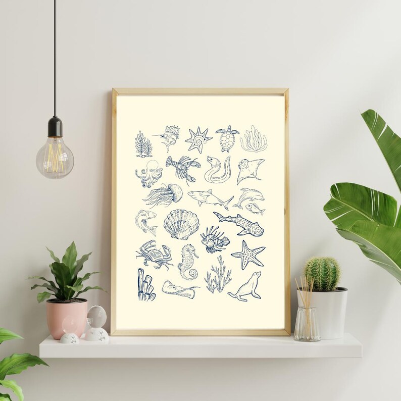 Sea Creatures Collage Poster, Sea Animals Cream Beige Colored and Navy ...