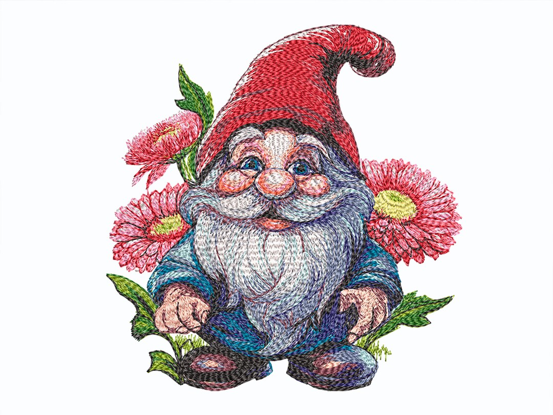 Super Detailed Gnome Machine Embroidery Design, Gnome and Flowers ...