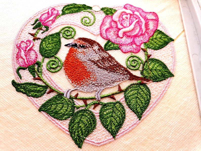 FSL Decoration A Heart With a Rose Ring and a Robin. Machine Embroidery ...