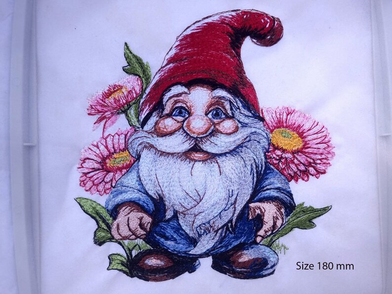 Super Detailed Gnome Machine Embroidery Design, Gnome and Flowers ...