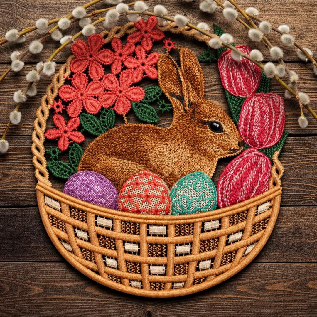 FSL Decoration Easter, Bunny in a Basket With Flowers and Easter Eggs ...