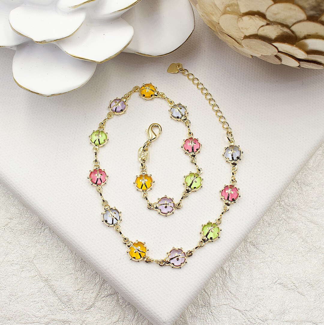Anklet 18k Gold Filled "ladybug on Colored Stones" - Etsy