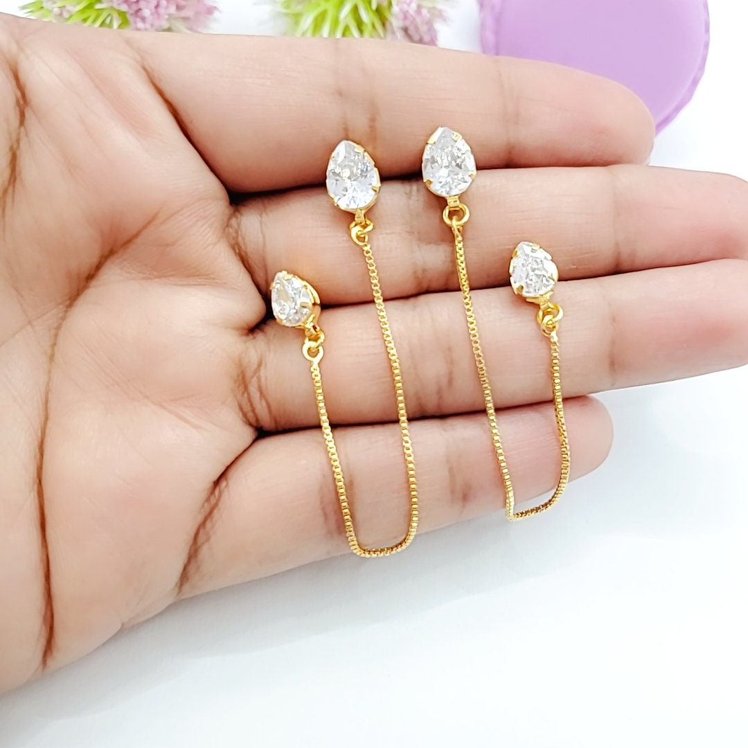 Clear Zirconia Tear Shape Double Pierced Box Chain Drop Earrings, 18K ...