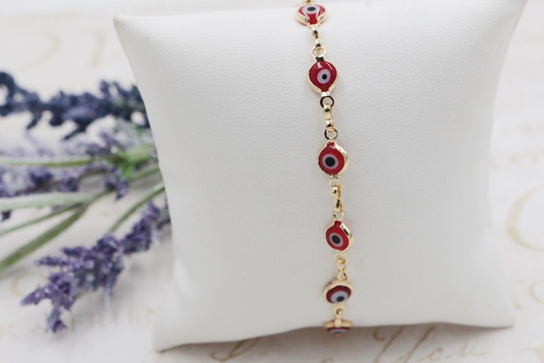 18K Gold Filled Red Glass Evil Eye Bracelet - Etsy