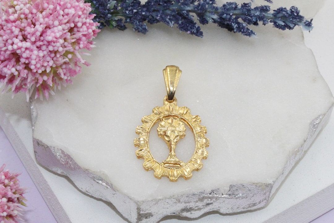 18K Gold Filled First Communion Cup Medallion Pendant, Religious ...