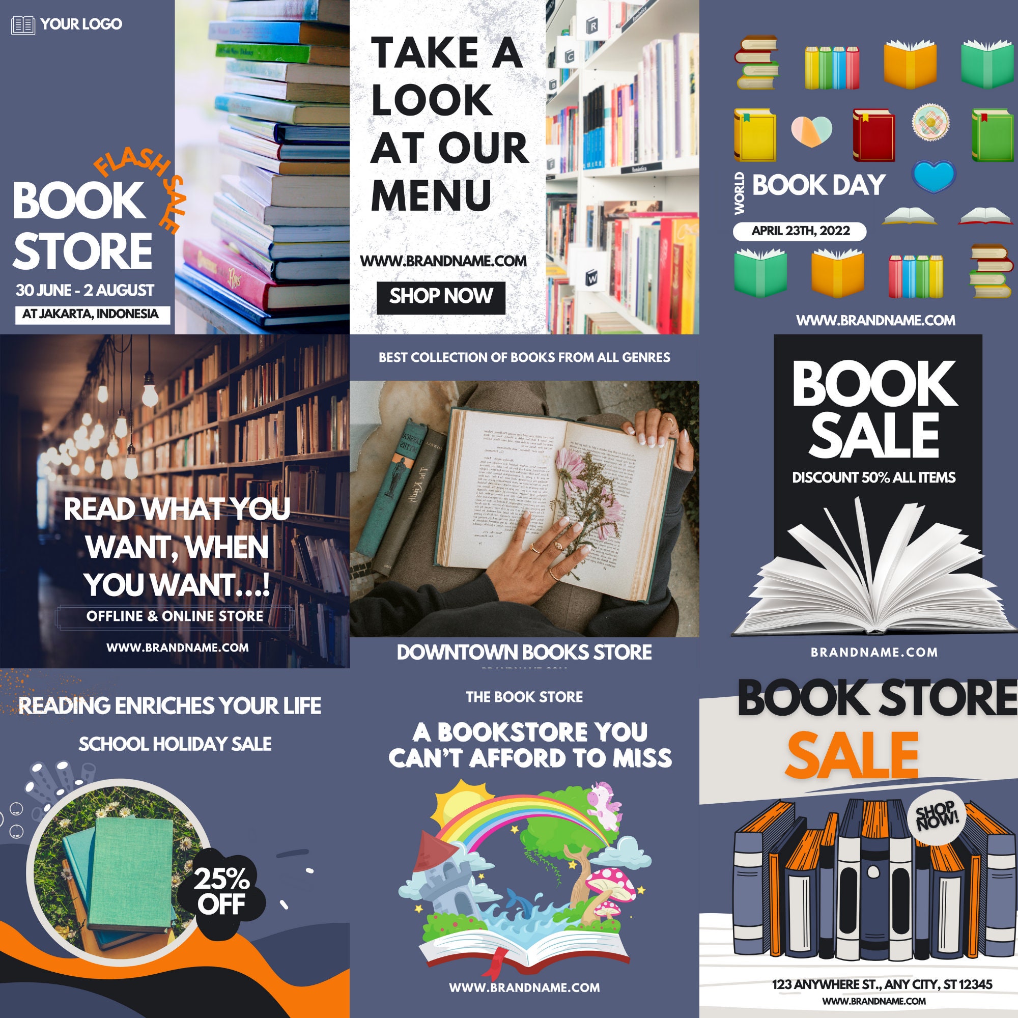 36 Book Store Instagram Post Template Kit for Showcasing Skills Writers ...