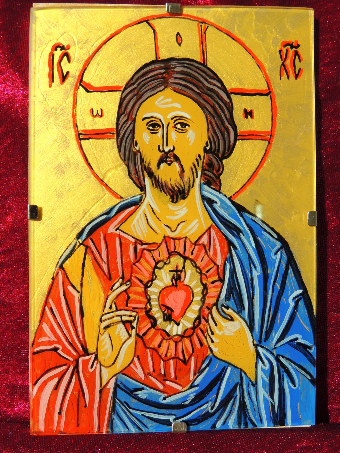Icon of Jesus Christ, Heart of Christ, Oil, Glass, Antiframe, Handmade ...