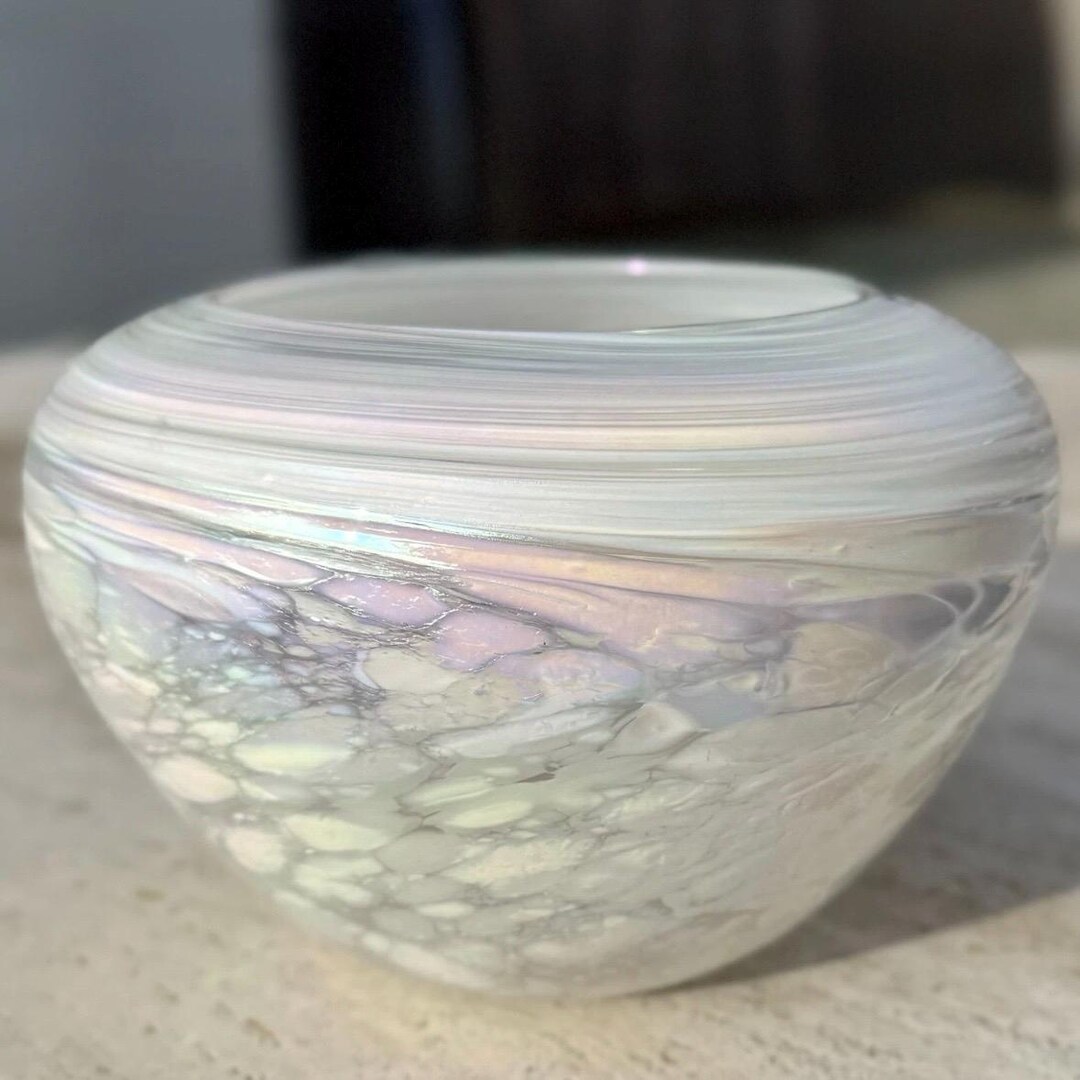 James Alloway Hand Blown Art Glass Bowl W/oil Lamp Iridescent White ...