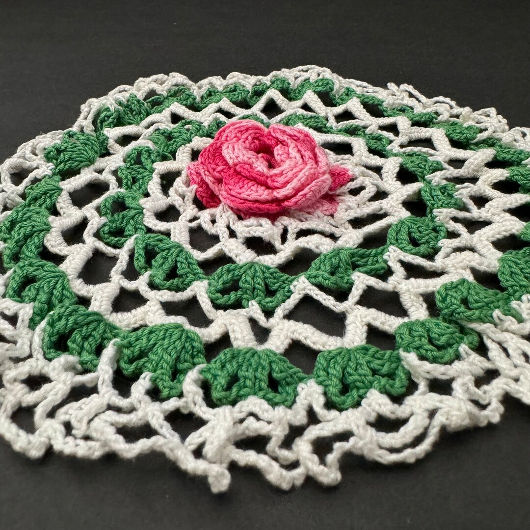 Decorative Green & White Hand Crochet Doily With Pink 3D Raised Center ...