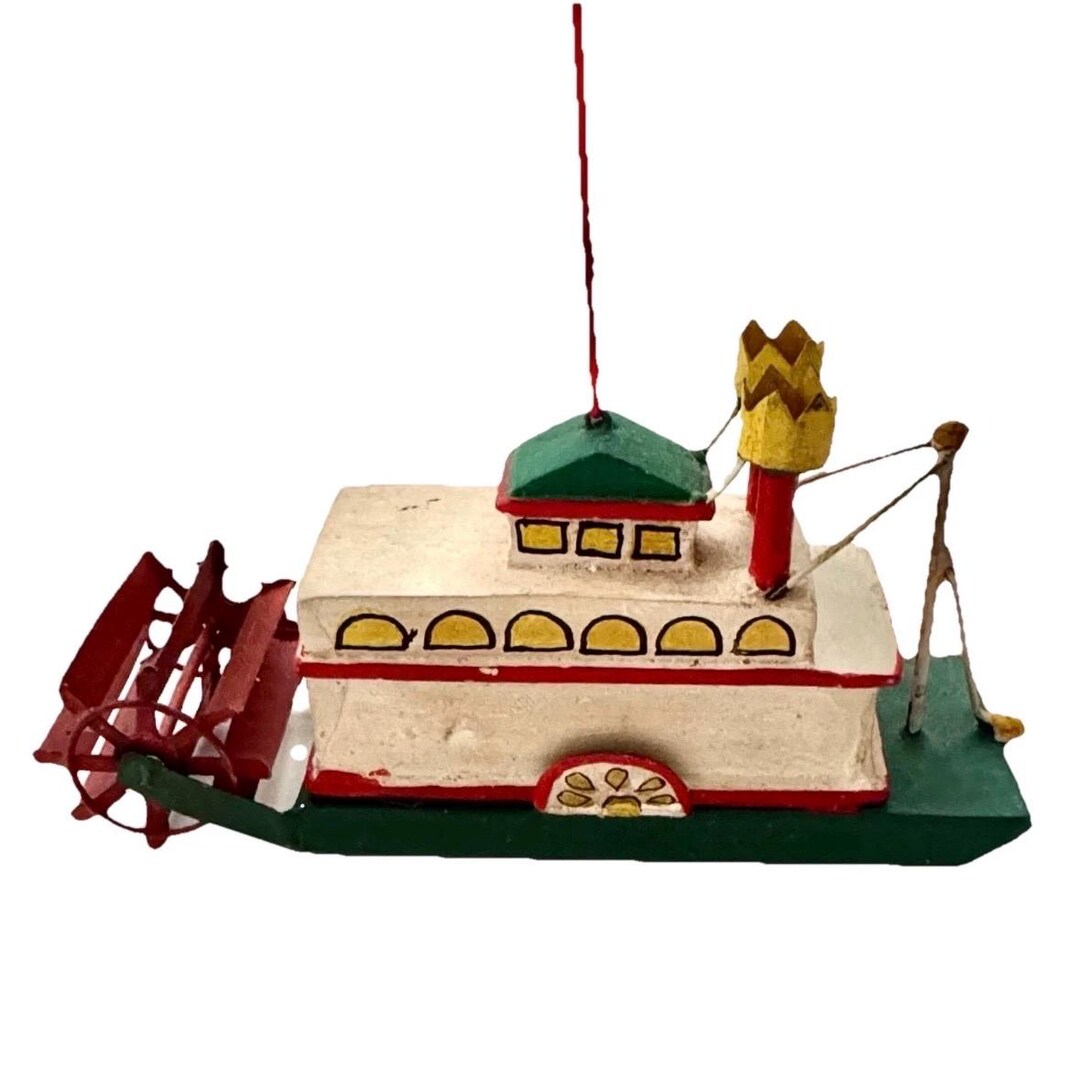 Vintage Toy Tin Riverboat With Moving Paddle Wheel Christmas Ornament 5 ...