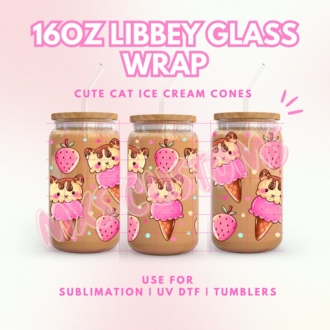 Cute Cat Ice Cream PNG, Spring Preppy Digital Cup Wrap for UV DTF ...