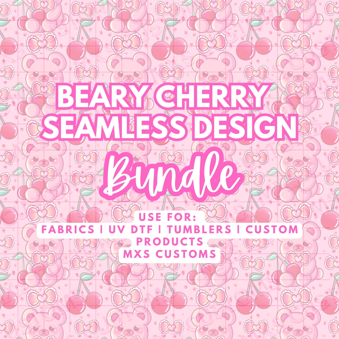 Beary Cherry Seamless PNG, Trendy Fruits Digital Pattern for Fabrics, Kawaii Digital Download ...