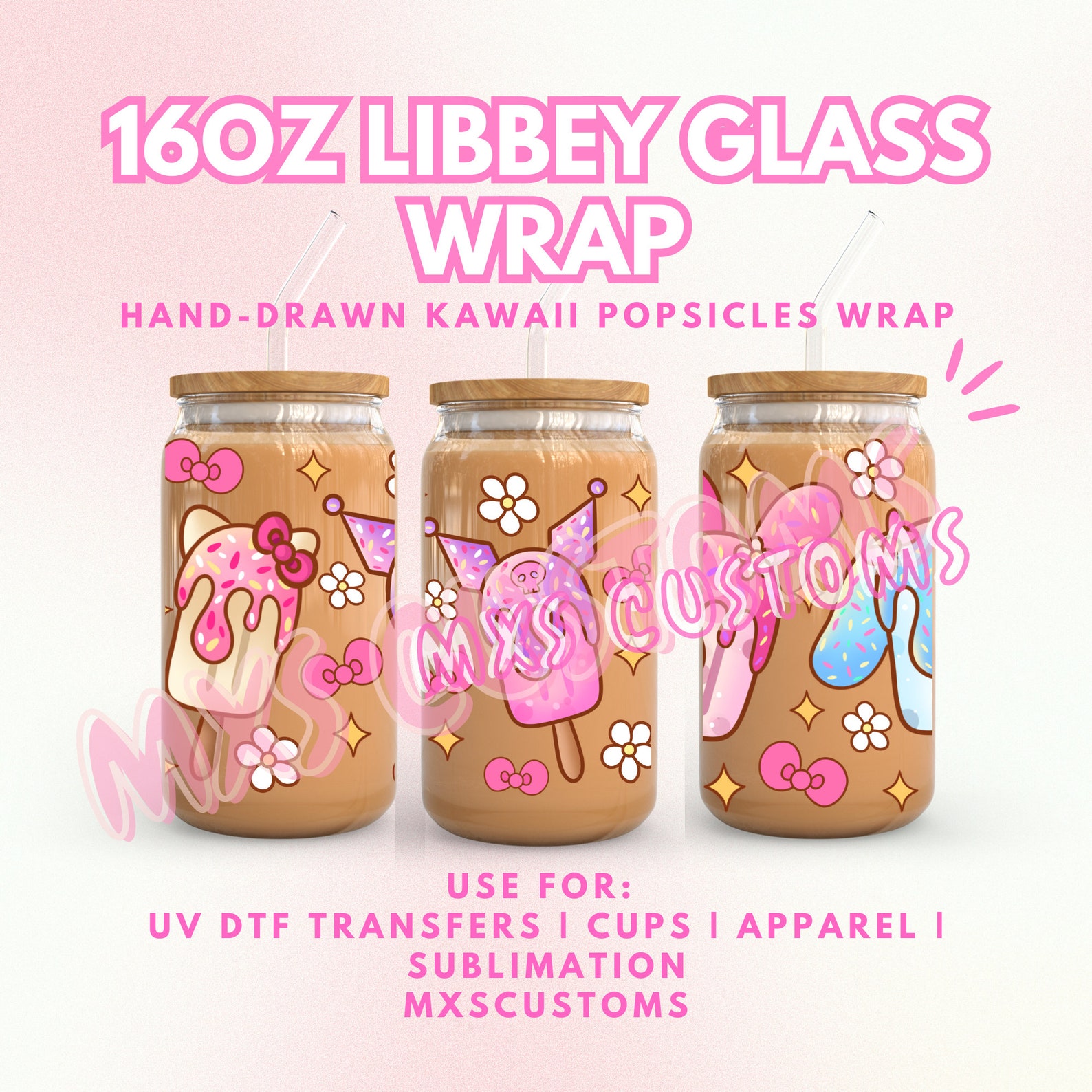 Kawaii Popsicles Wrap PNG, Cute Girly Cup Wrap for UV DTF, Preppy Kitty ...