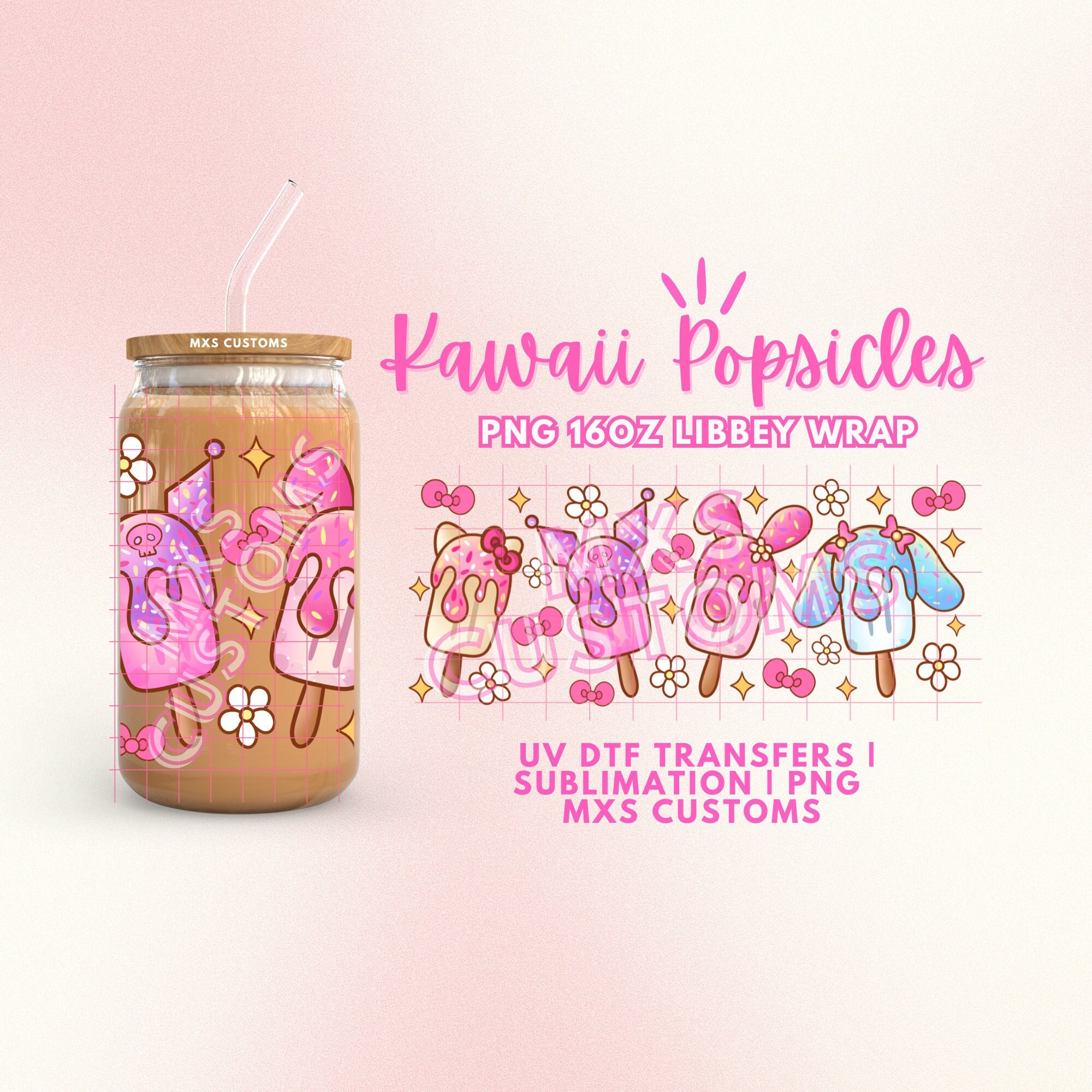 Kawaii Popsicles Wrap PNG, Cute Girly Cup Wrap for UV DTF, Preppy Kitty ...